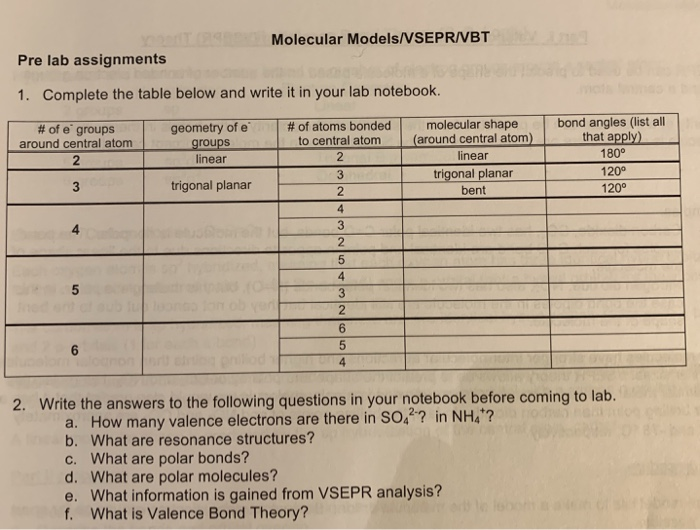 Solved Molecular Models/VSEPR/VBT Pre lab assignments 1. | Chegg.com