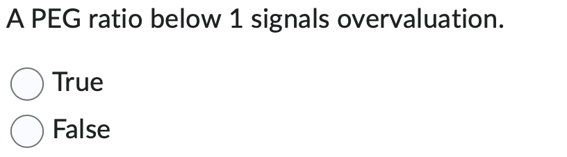 Solved A PEG ratio below 1 signals overvaluation. True False | Chegg.com