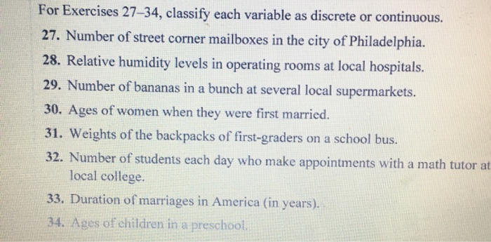 Solved For Exercises 27-34, classify each variable as | Chegg.com