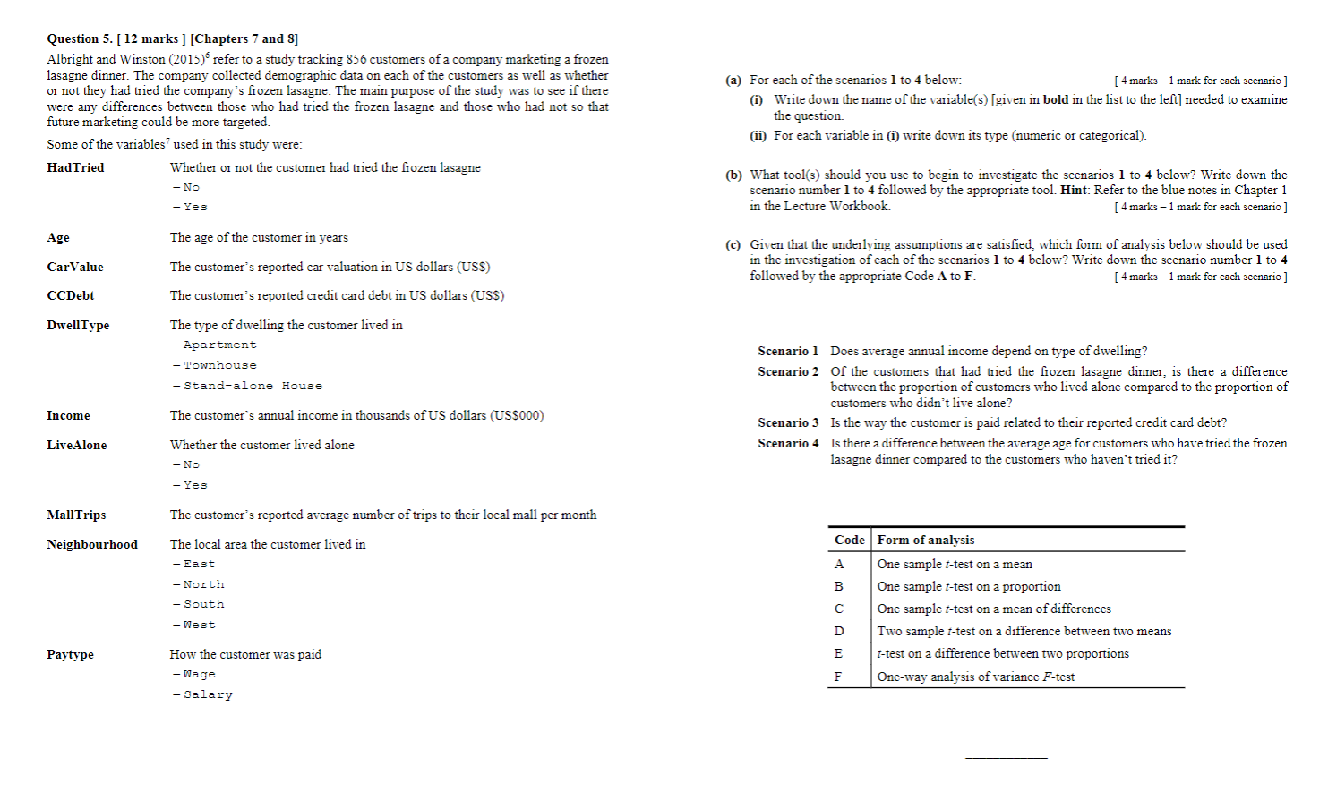 Question 5. [12 marks] [Chapters 7 and 8] Albright | Chegg.com