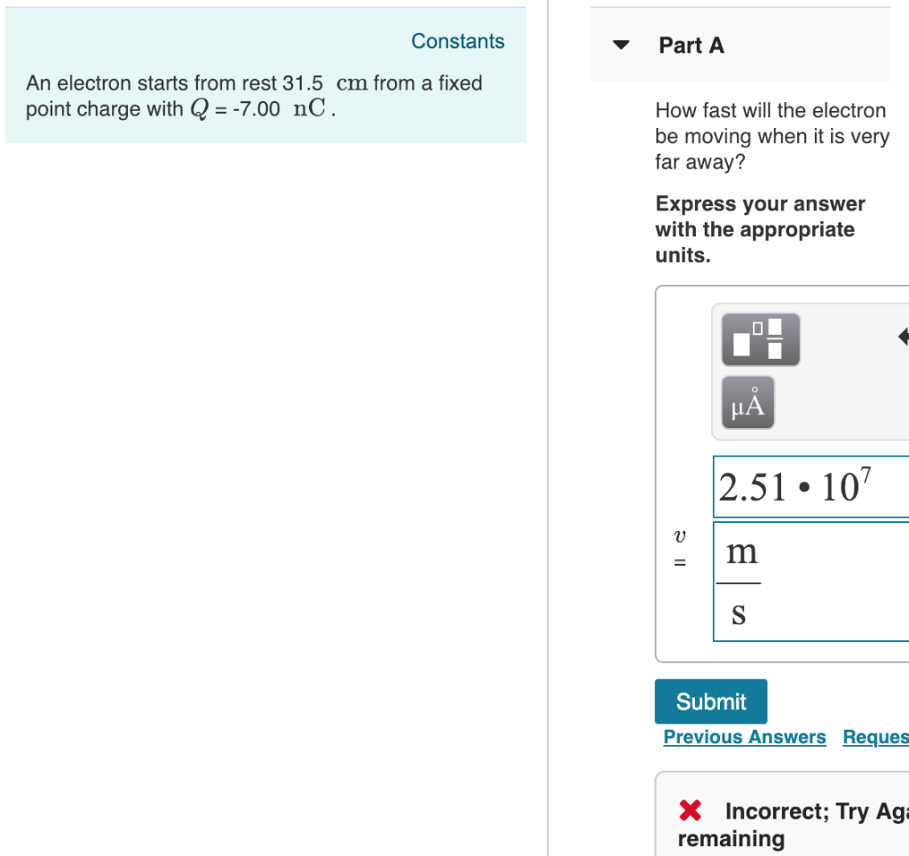 Solved Constants Part A An electron starts from rest 31.5 cm | Chegg.com
