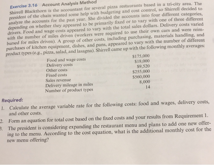 Solved Exercise 3.16 Account Analysis Method Shirrell | Chegg.com