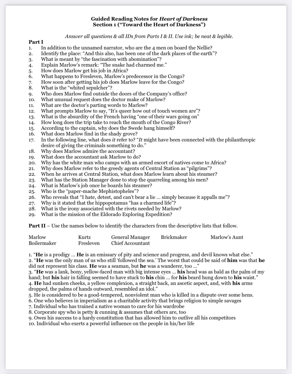 Guided Reading Notes for Heart of Darkness Section 1 | Chegg.com