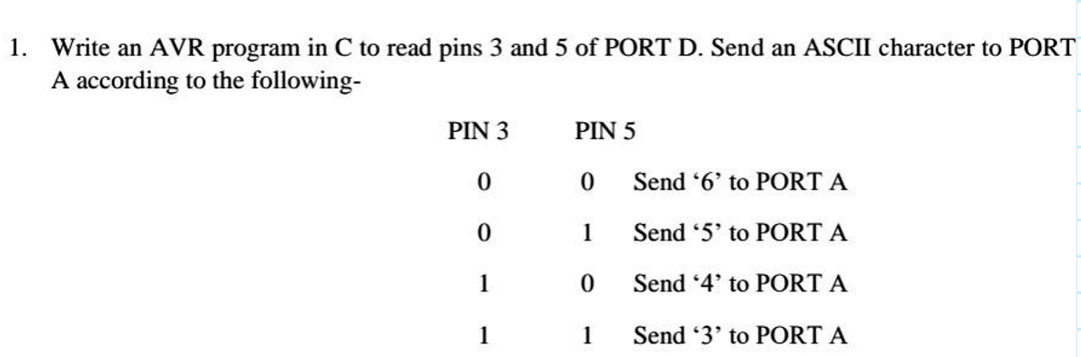 Solved 1. Write an AVR program in C to read pins 3 and 5 of | Chegg.com