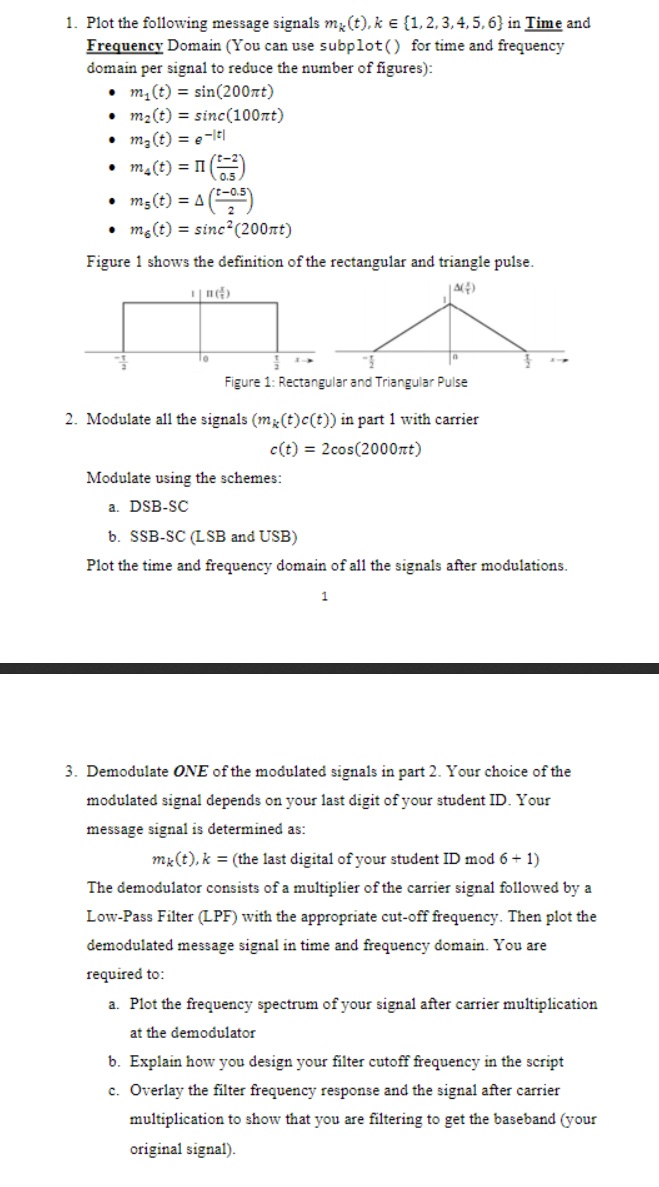 Solved 1. Plot the following message signals m (t), k E | Chegg.com