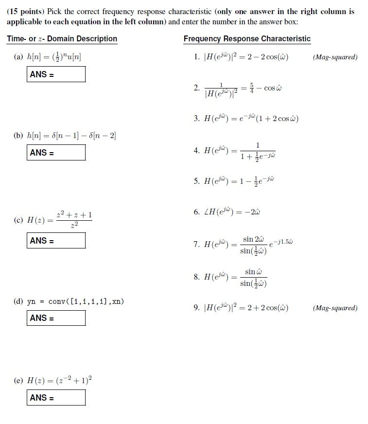 Solved (15 points) Pick the correct frequency response | Chegg.com