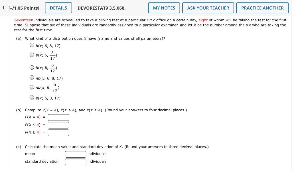 Solved 1. [-/1.05 Points] DETAILS DEVORESTAT9 3.5.068. MY | Chegg.com