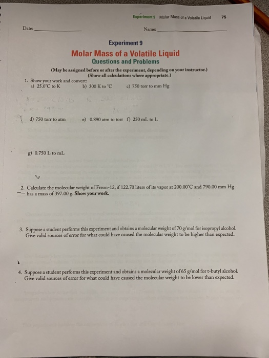 Solved Experiment s Molar Mass of Volatile Liquid 75 Date: | Chegg.com