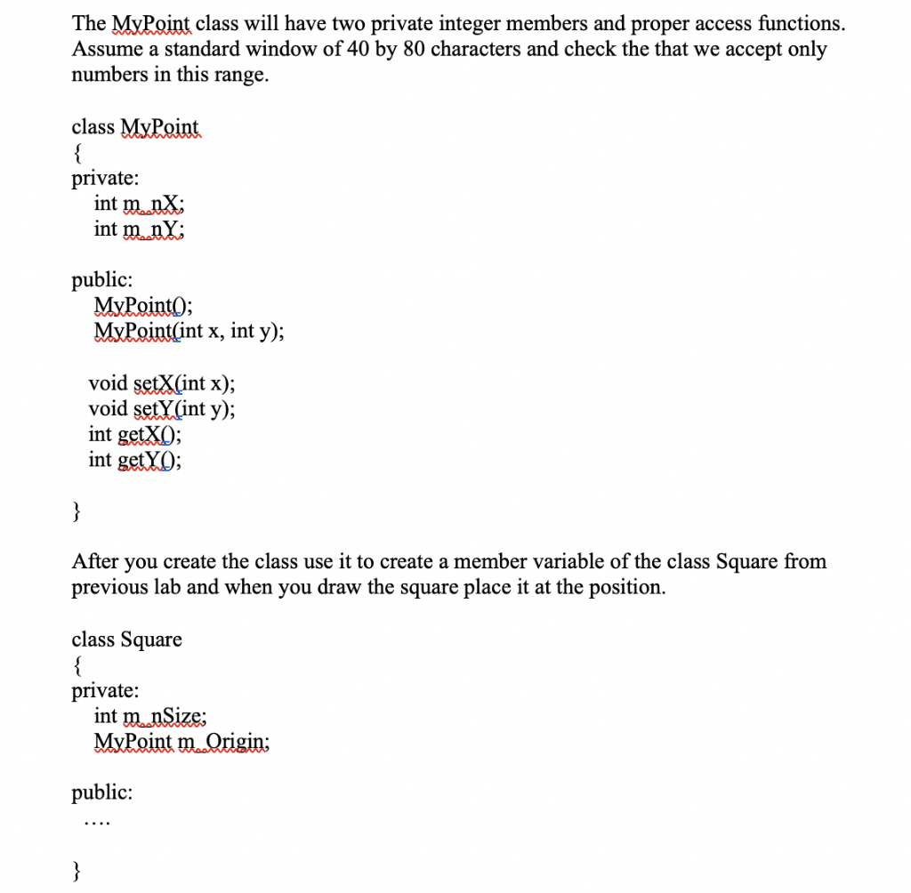 Solved The MyPoint class will have two private integer | Chegg.com