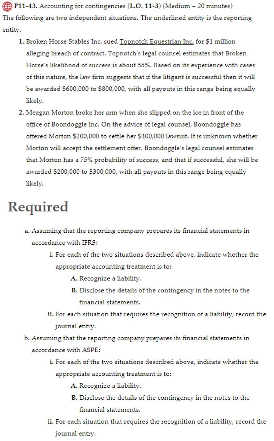 Solved P11-43. Accounting for contingencies (L.O. 11-3) | Chegg.com
