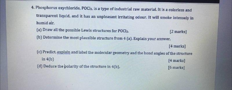Solved 4. Phosphorus oxychloride, POCl3, is a type of | Chegg.com
