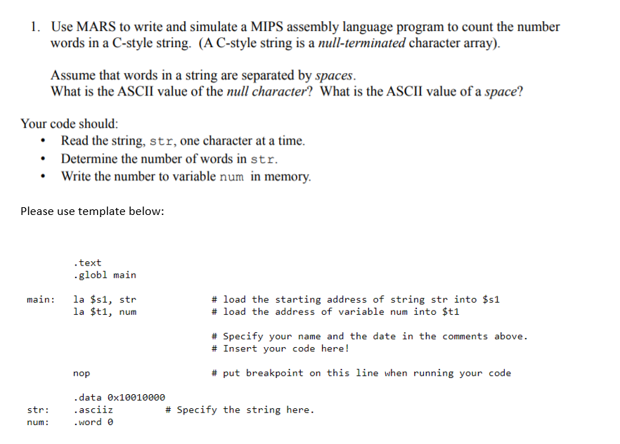 1. Use MARS to write and simulate a MIPS assembly | Chegg.com