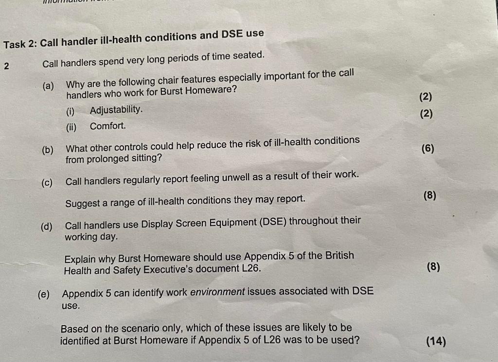 sk 2: Call handler ill-health conditions and DSE use | Chegg.com