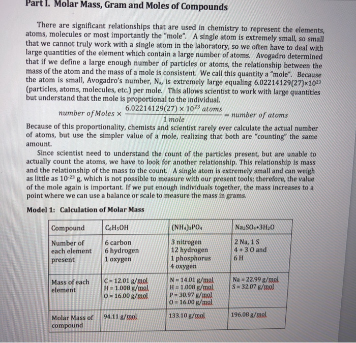 Solved PartI. Molar Mass, Gram and Moles of Compounds There | Chegg.com