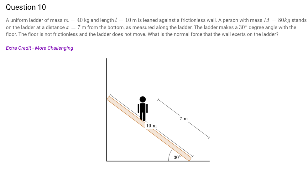 Solved Question 10 A uniform ladder of mass m = 40 kg and | Chegg.com