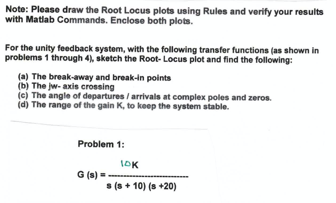 Solved Note: Please draw the Root Locus plots using Rules | Chegg.com