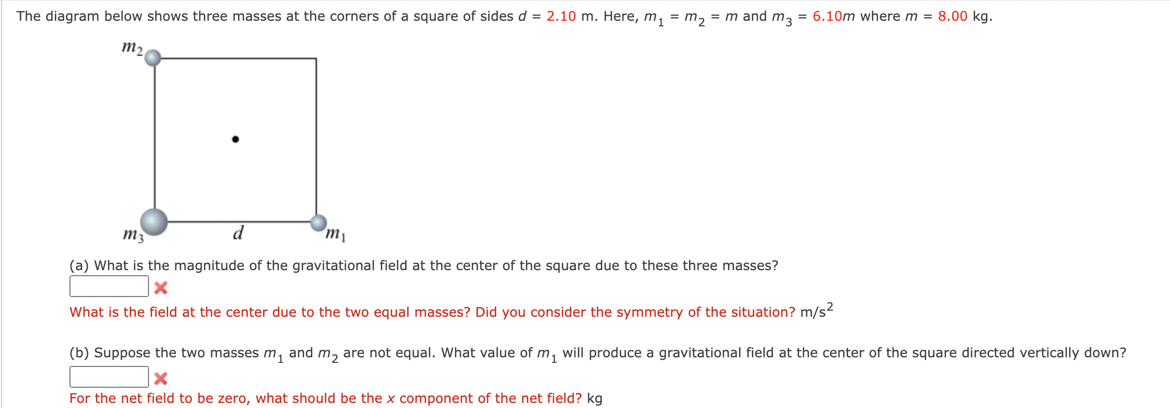 Solved The diagram below shows three masses at the corners | Chegg.com