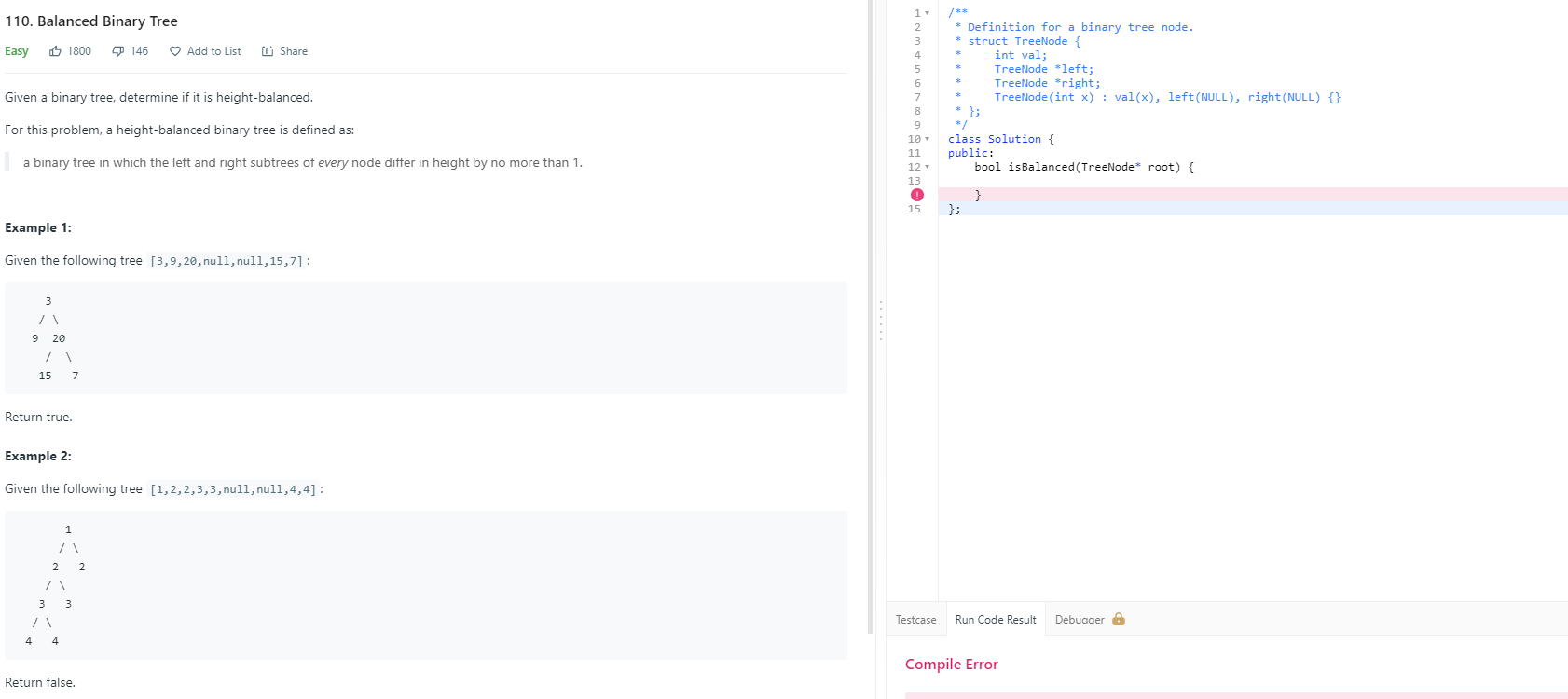 Solved 110 Balanced Binary Tree Easy 1800 146 Add To 