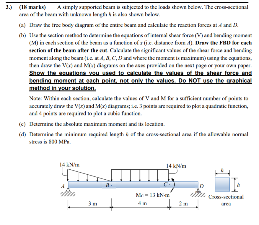 Solved 3.) (18 marks) A simply supported beam is subjected | Chegg.com