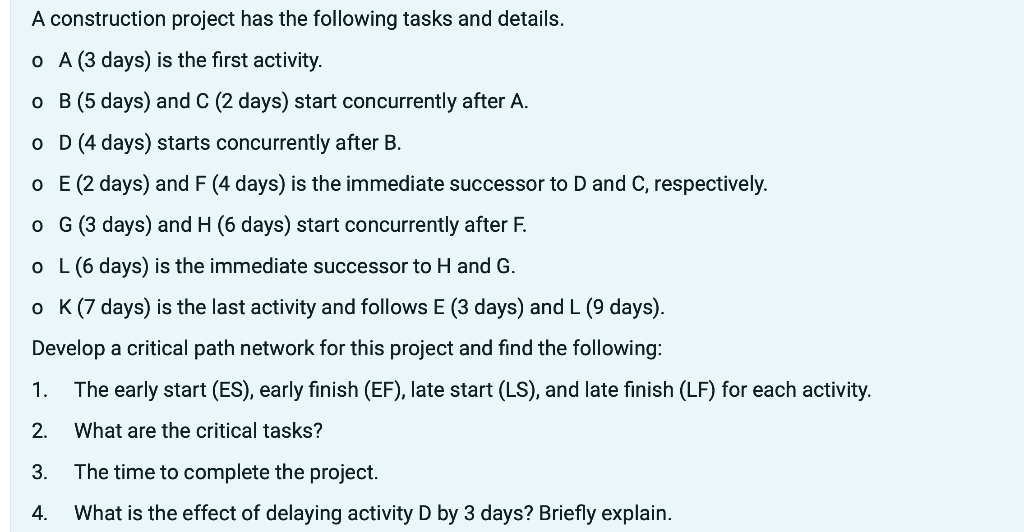 Solved A construction project has the following tasks and | Chegg.com