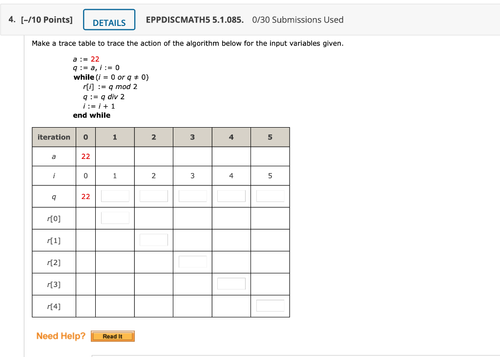 Solved 4. [-/10 Points] DETAILS EPPDISCMATH5 5.1.085.0/30 | Chegg.com