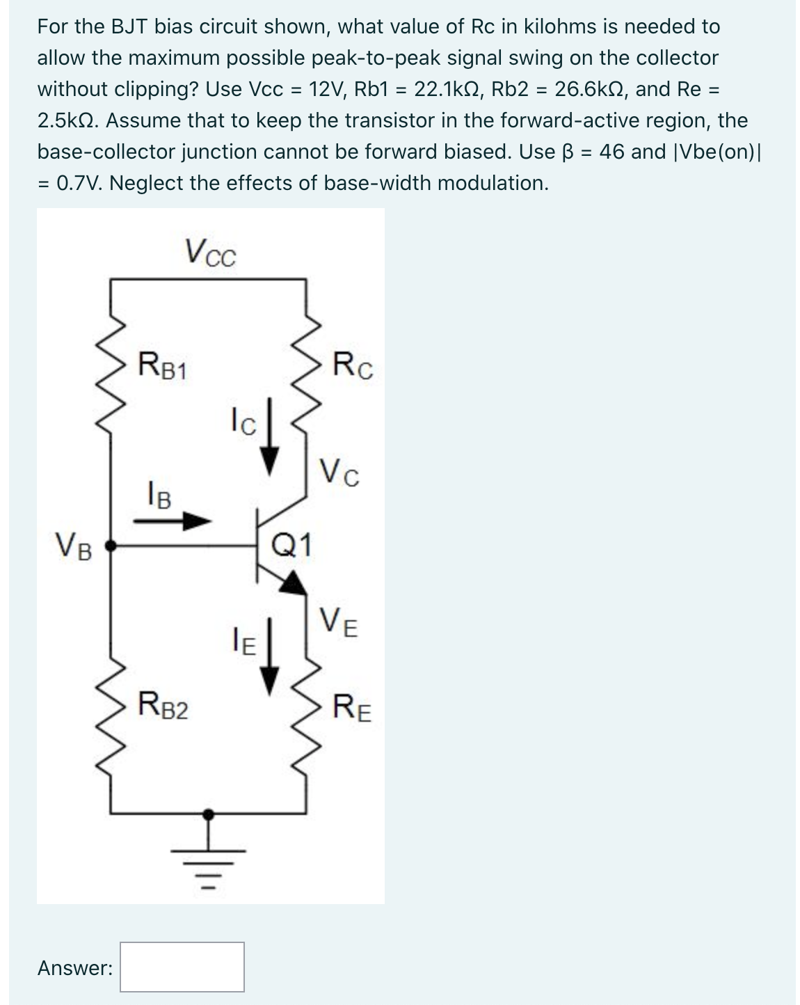 Solved For the BJT bias circuit shown, what value of Rc in | Chegg.com