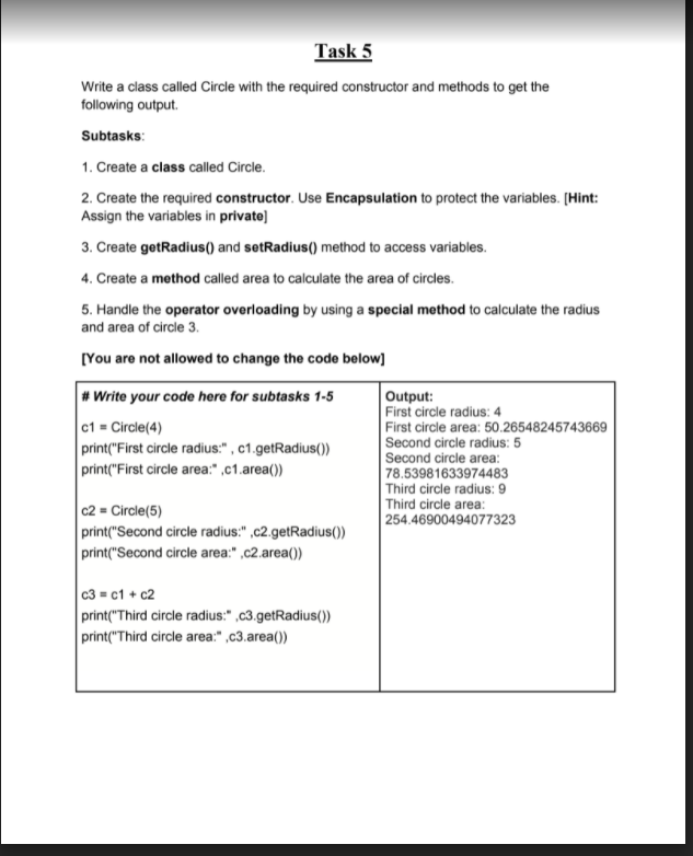 Solved Task 5 Write a class called Circle with the required | Chegg.com