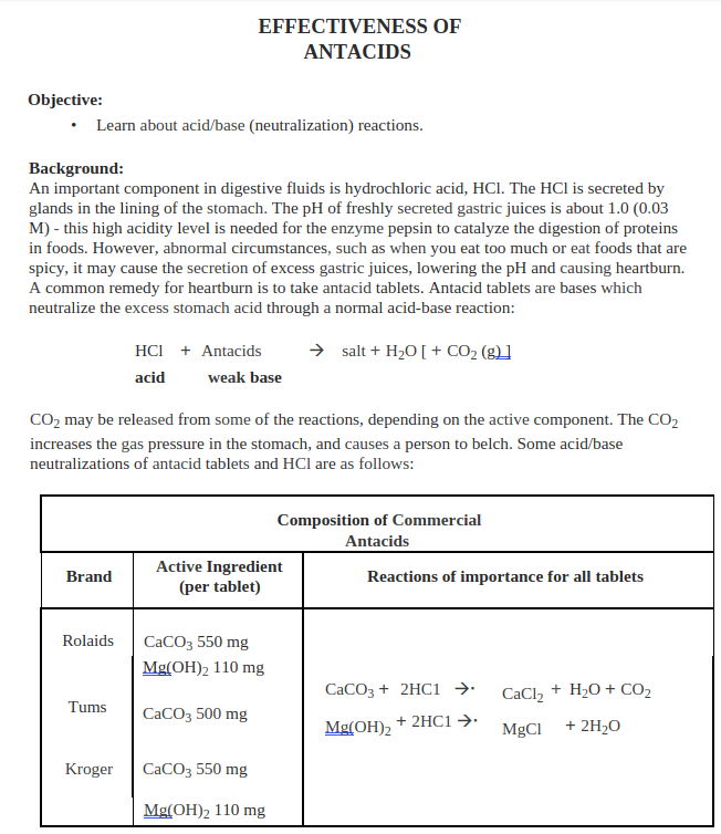 Solved EFFECTIVENESS OF ANTACIDS Objective: • Learn about | Chegg.com