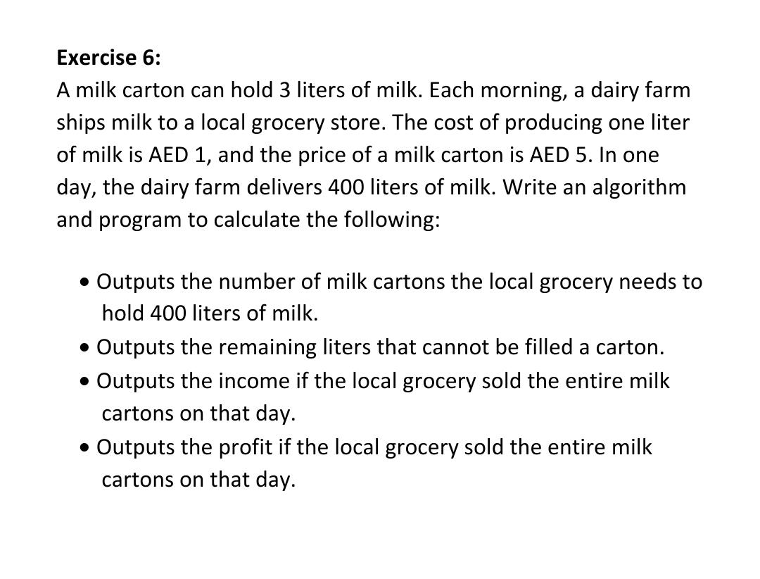 Solved Exercise 6: A milk carton can hold 3 liters of milk. | Chegg.com
