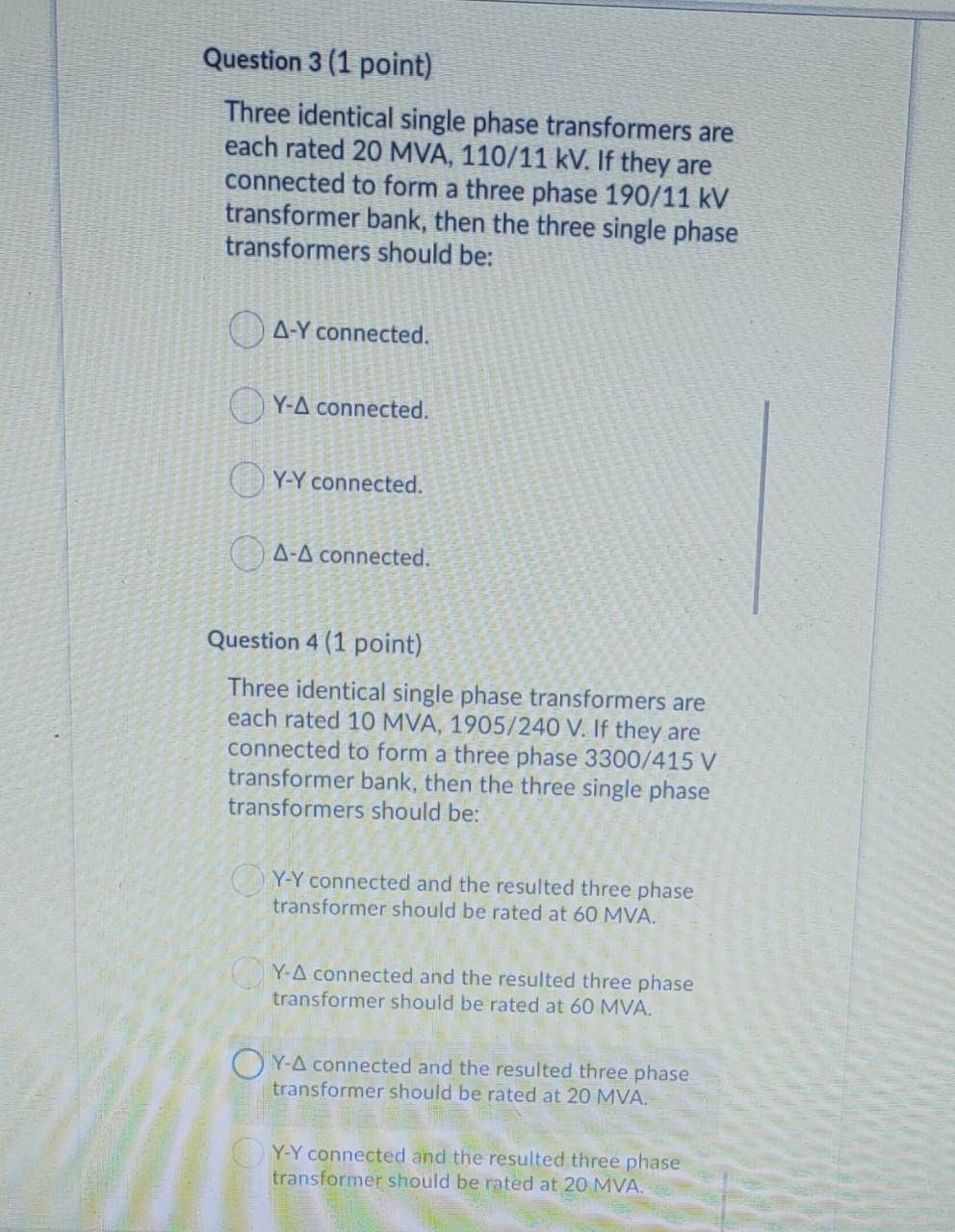 Solved Question 3 (1 point) Three identical single phase | Chegg.com