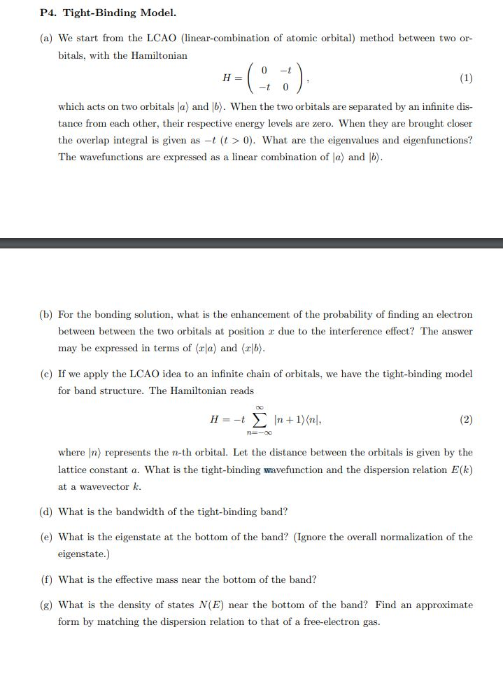 Solved P4. Tight-Binding Model. (a) We start from the LCAO | Chegg.com