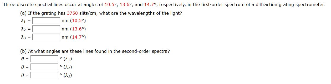 Solved Three discrete spectral lines occur at angles of | Chegg.com