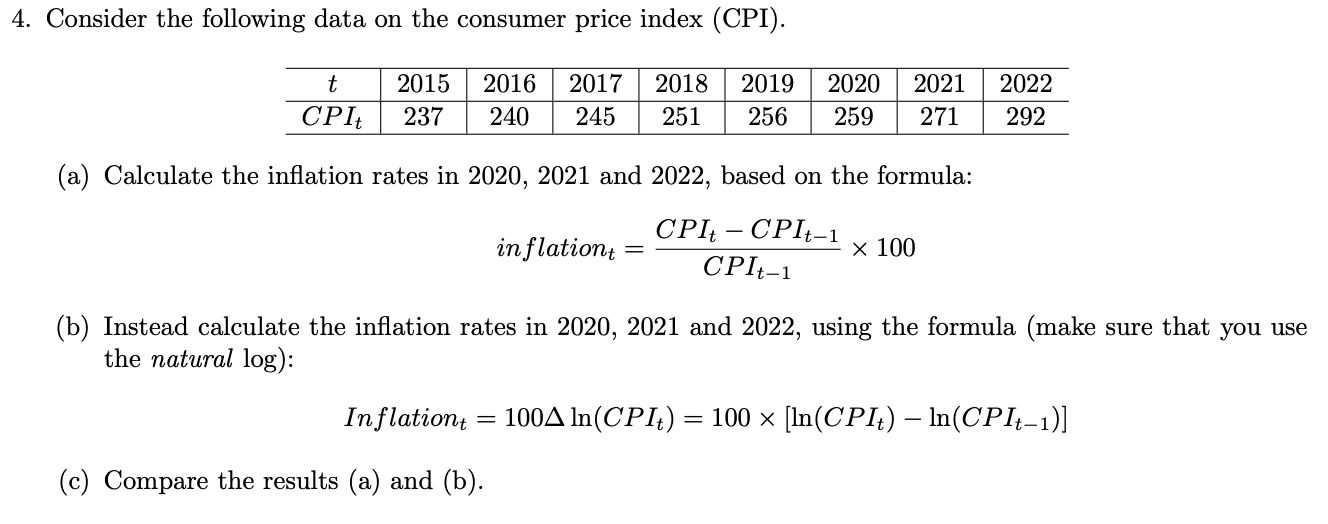 Solved 4. Consider the following data on the consumer price | Chegg.com