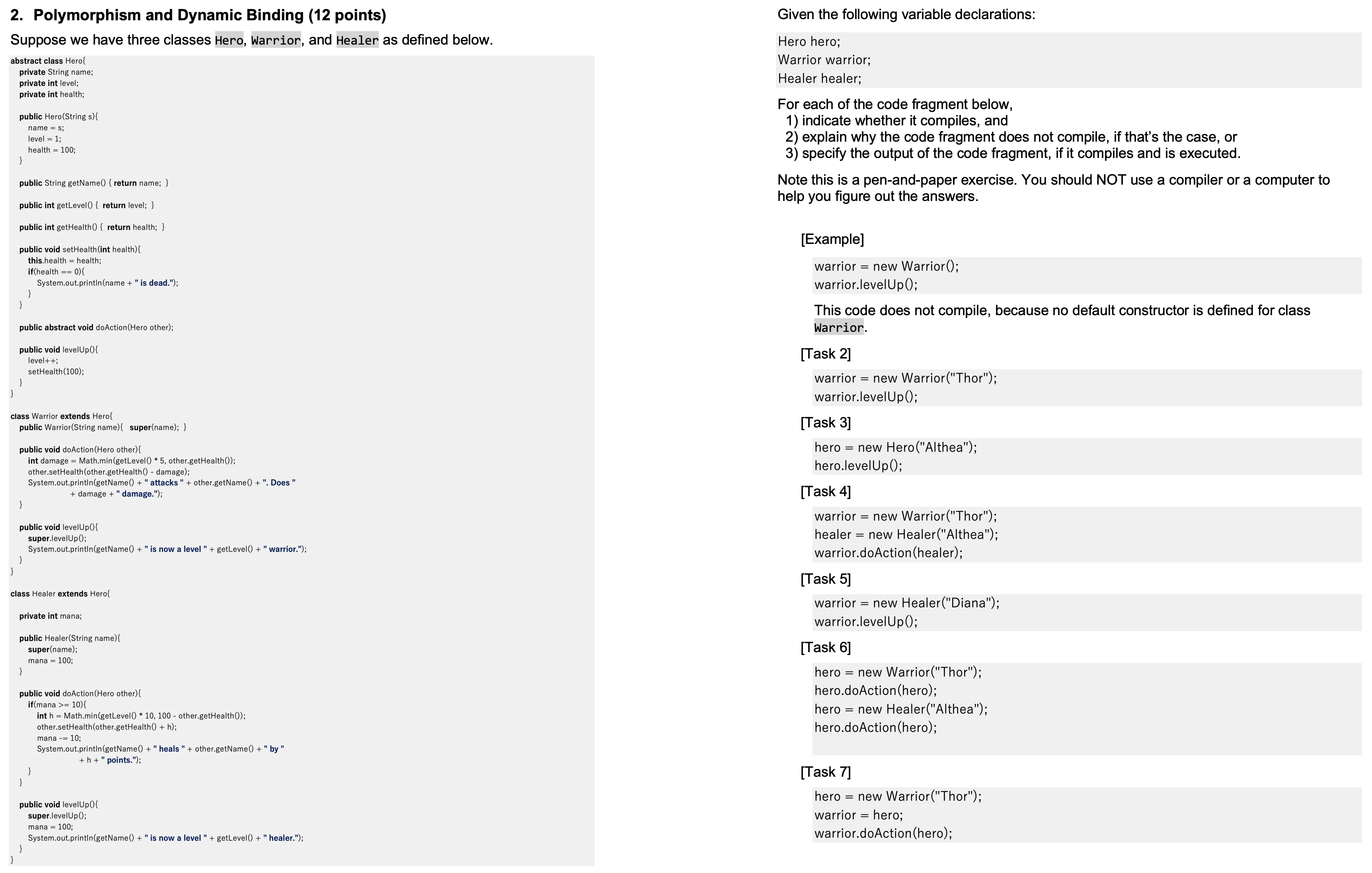 Solved 2. Polymorphism and Dynamic Binding (12 points) | Chegg.com