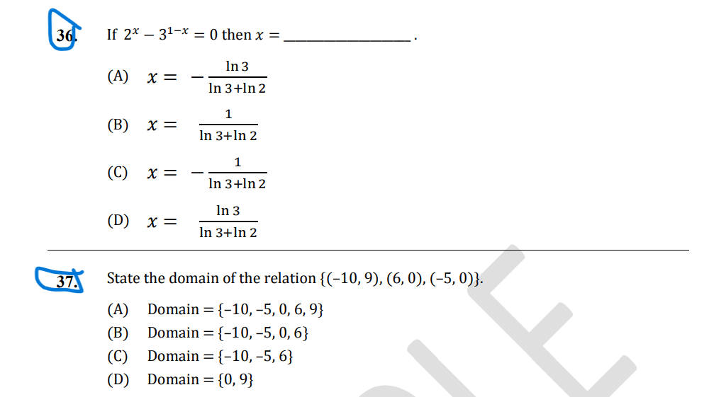 Solved If 2x−31−x=0 then x= (A) x=−ln3+ln2ln3 (B) x=ln3+ln21 | Chegg.com