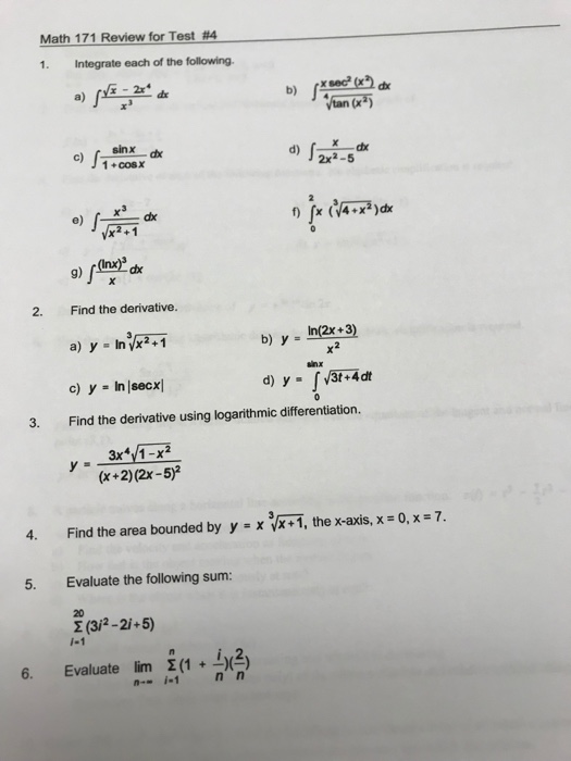 Solved Math 171 Review for Test #4 1. Integrate each of the | Chegg.com