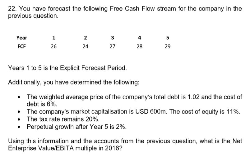 Solved 22. You have forecast the following Free Cash Flow | Chegg.com