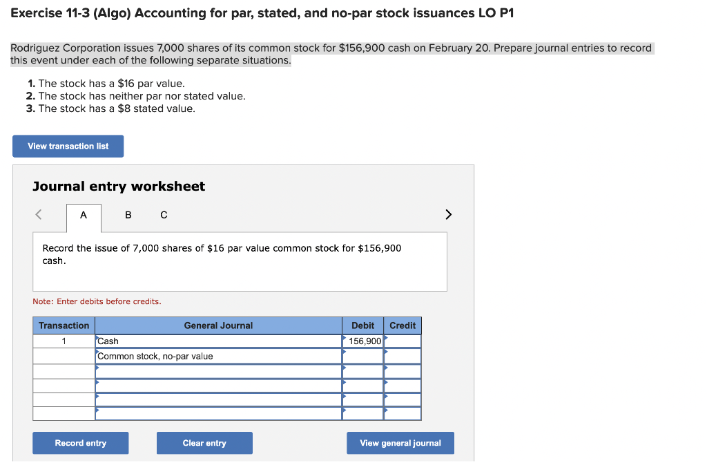 Solved Exercise 11-3 (Algo) Accounting for par, stated, and | Chegg.com