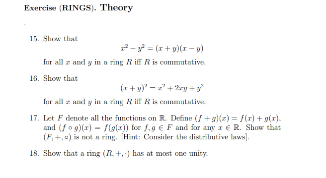 Solved Exercise (RINGS). Theory 15. Show that | Chegg.com