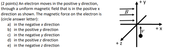 Solved + y B (2 points) An electron moves in the positive y | Chegg.com
