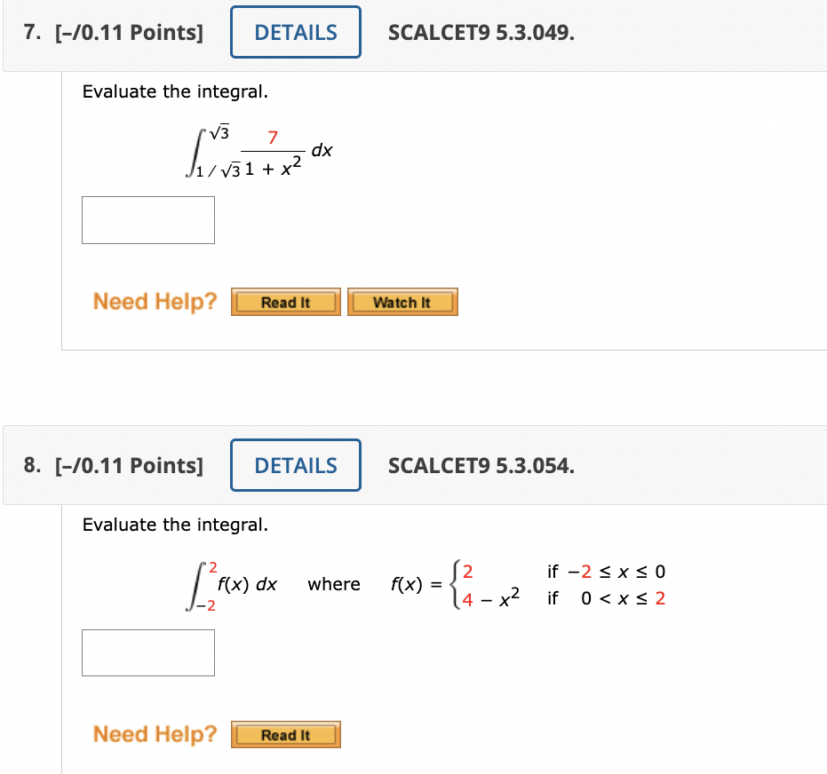 Solved /0.11 Points] SCALCET9 5.3.049. Evaluate the | Chegg.com