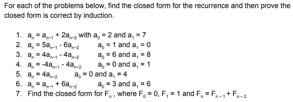 Solved For each of the problems below, find the closed form | Chegg.com