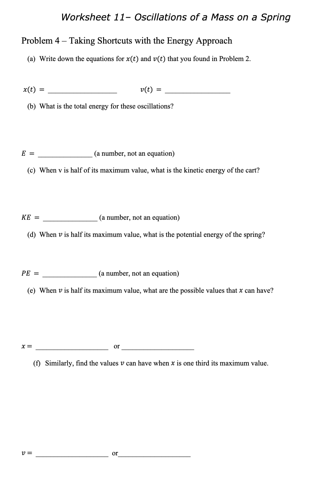 Worksheet 11- Oscillations of a Mass on a Spring | Chegg.com