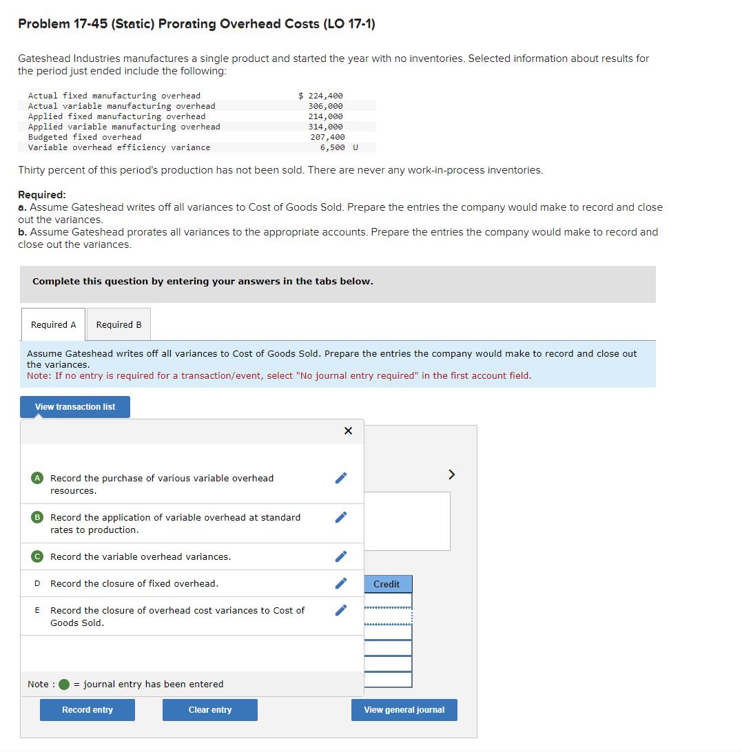 Solved Problem 17-45 (Static) ﻿Prorating Overhead Costs (LO | Chegg.com