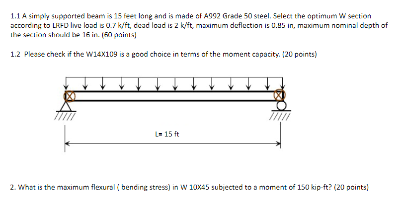 Solved 1.1 A simply supported beam is 15 feet long and is | Chegg.com