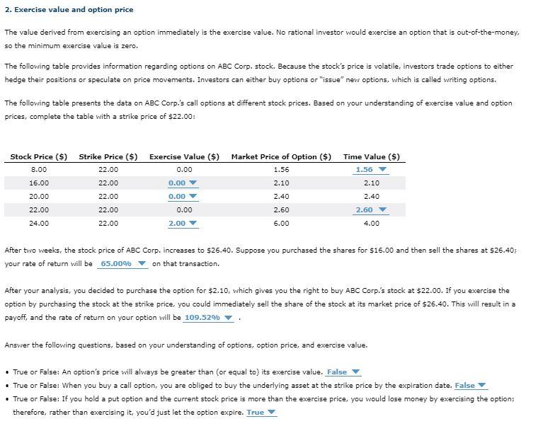 Solved 2. Exercise value and option price The value derived | Chegg.com