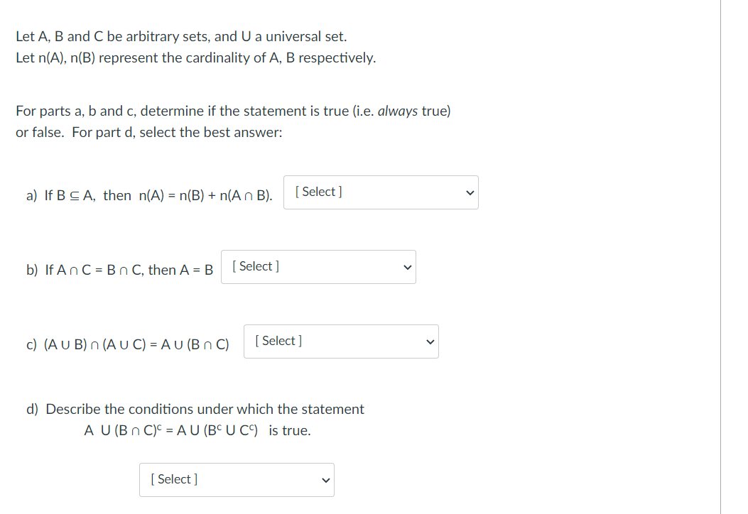 Solved Let A, B and C be arbitrary sets, and U a universal | Chegg.com