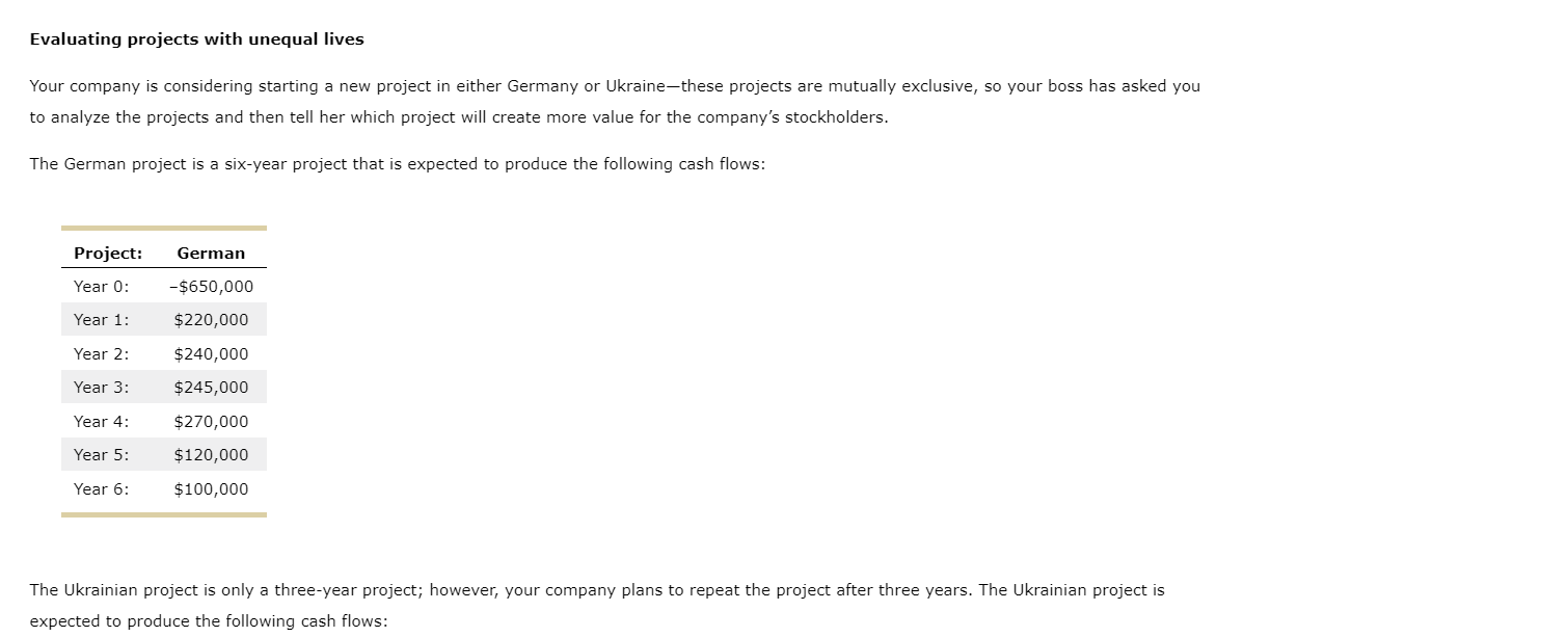 Solved Evaluating projects with unequal lives Your company | Chegg.com