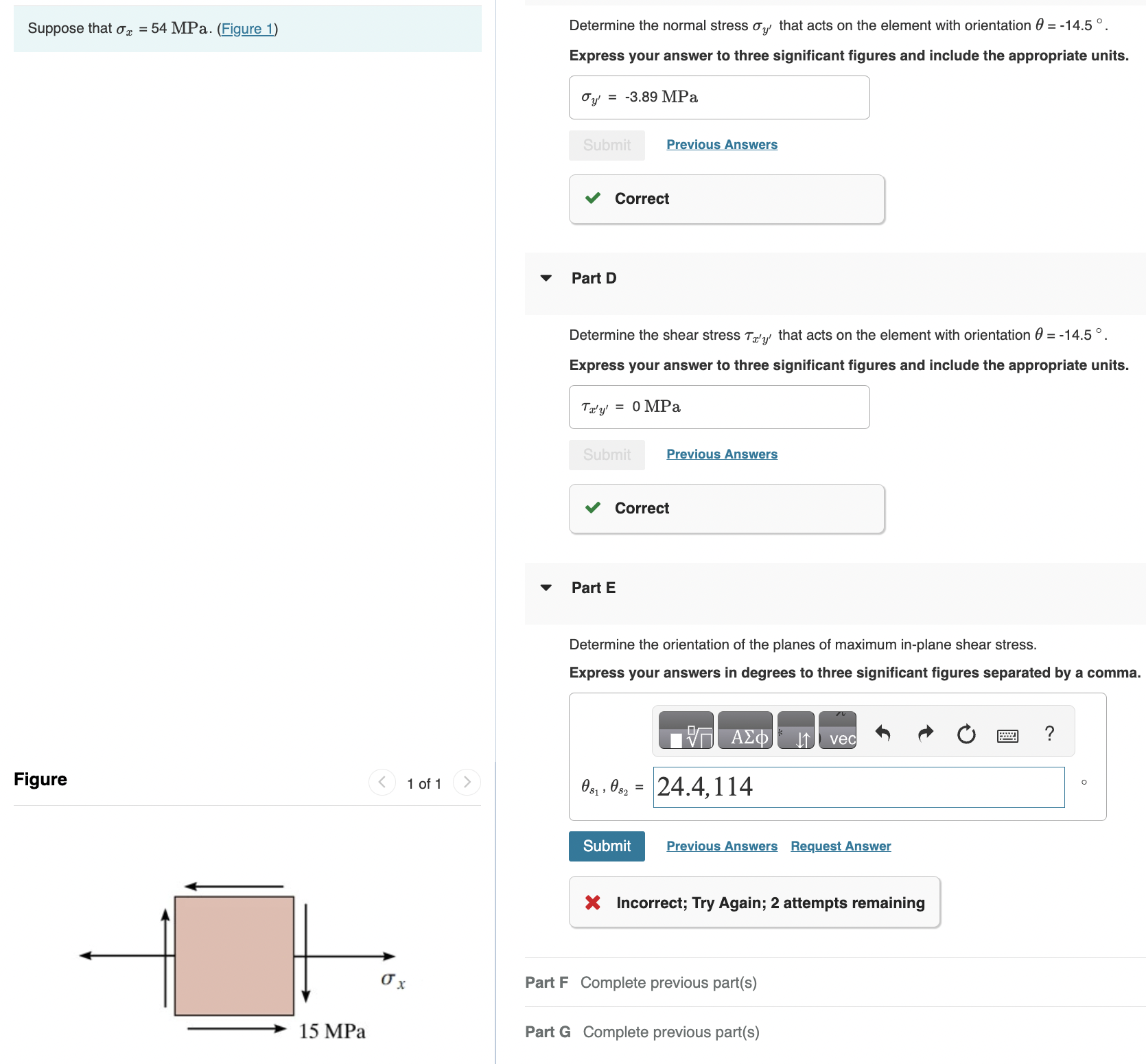 Solved Suppose that σx=54MPa. (Figure 1)Part EDetermine the | Chegg.com