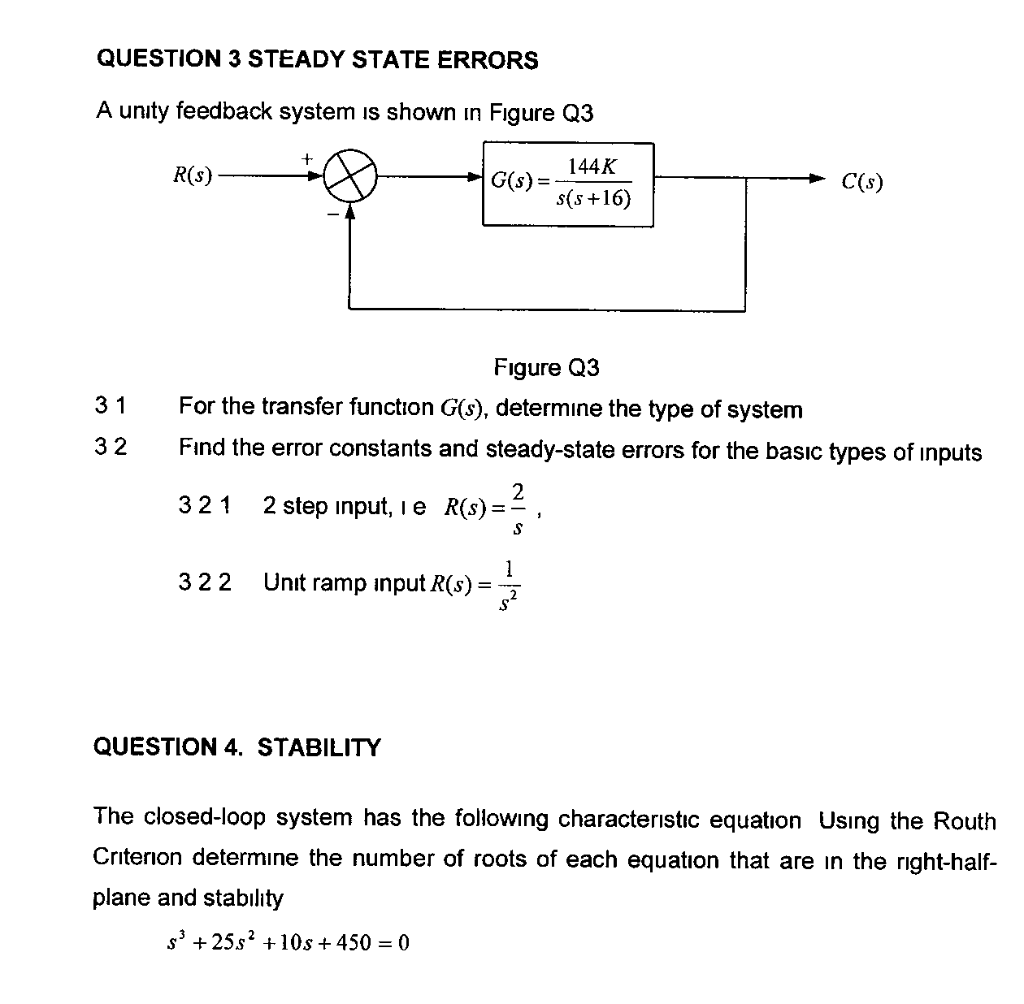 Solved QUESTION 3 STEADY STATE ERRORS A unity feedback | Chegg.com